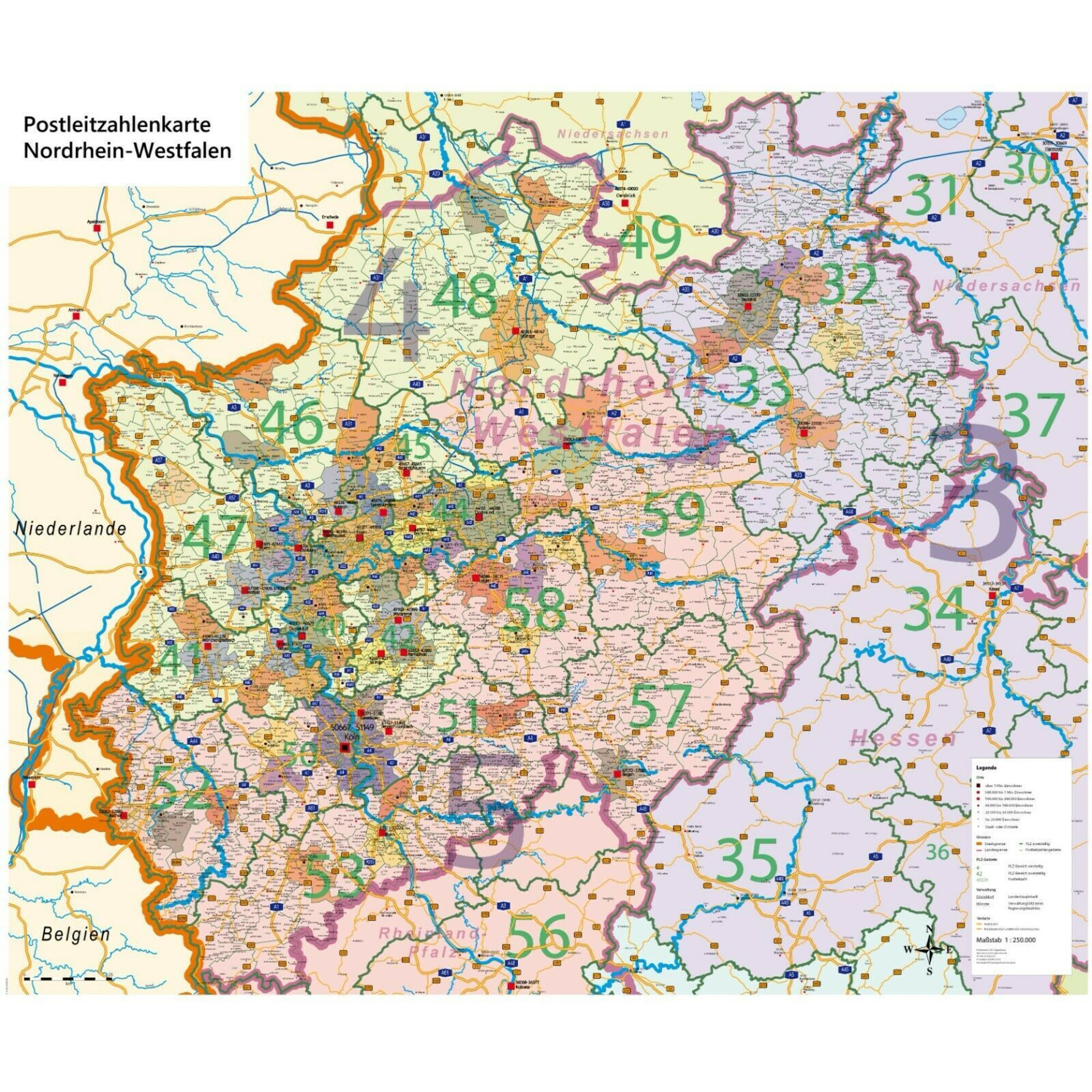 GeoMetro Mapa regionalna Nordrhein-Westfalen Postleitzahlen PLZ NRW ...