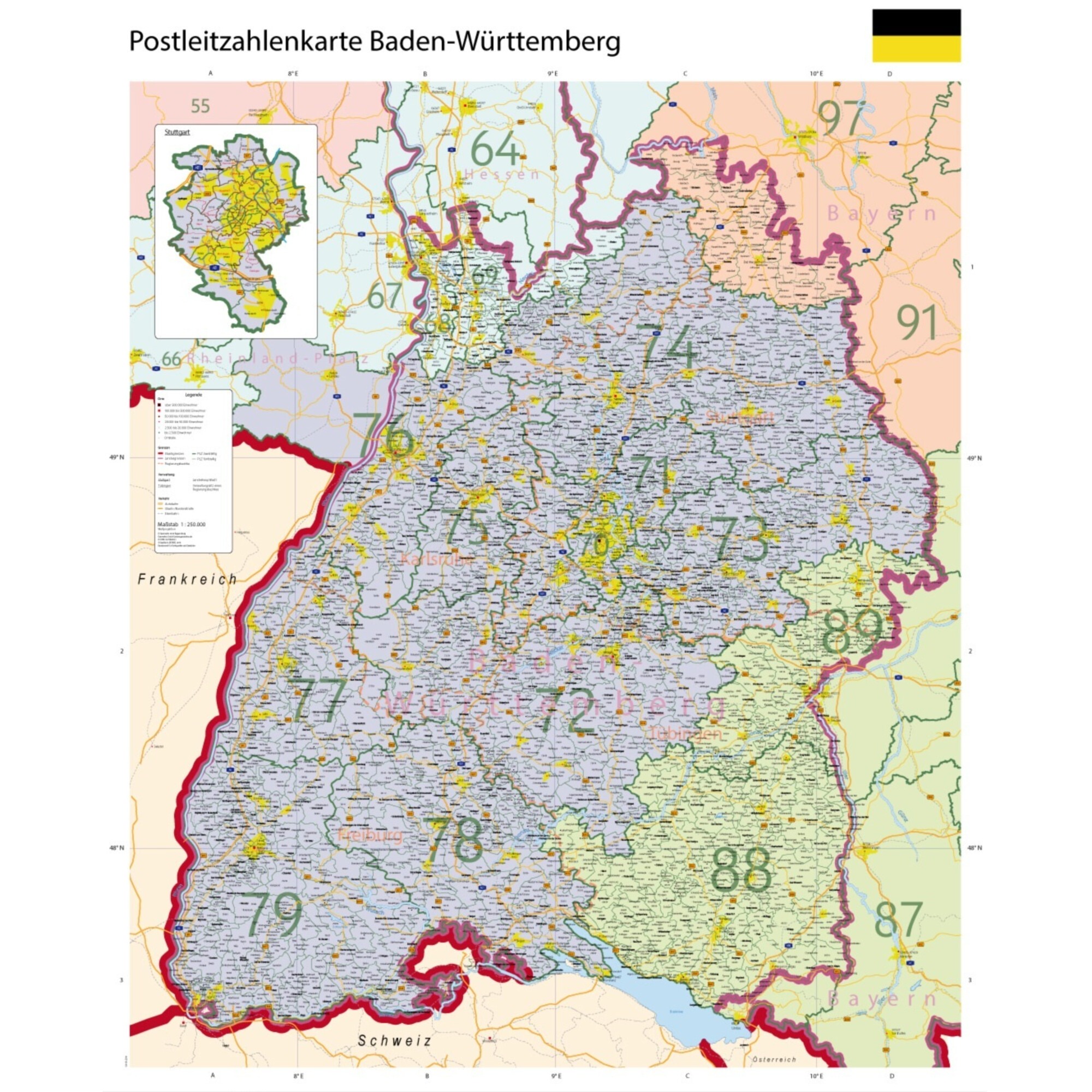 GeoMetro Mapa regionalna Baden-Württemberg Postleitzahlen PLZ (100 x ...
